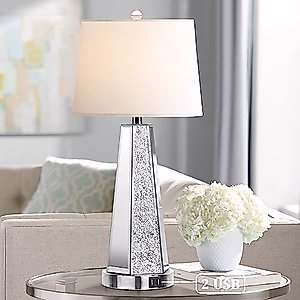 Hamucd Set of 2 Mirrored Glass Bedside Table Lamps for Bedrooms with 2 USB Ports Chrome Modern Silver Living Room Lamps for End Tables Glam Comtempory Style Side Nightstand Lamps for Art Deco