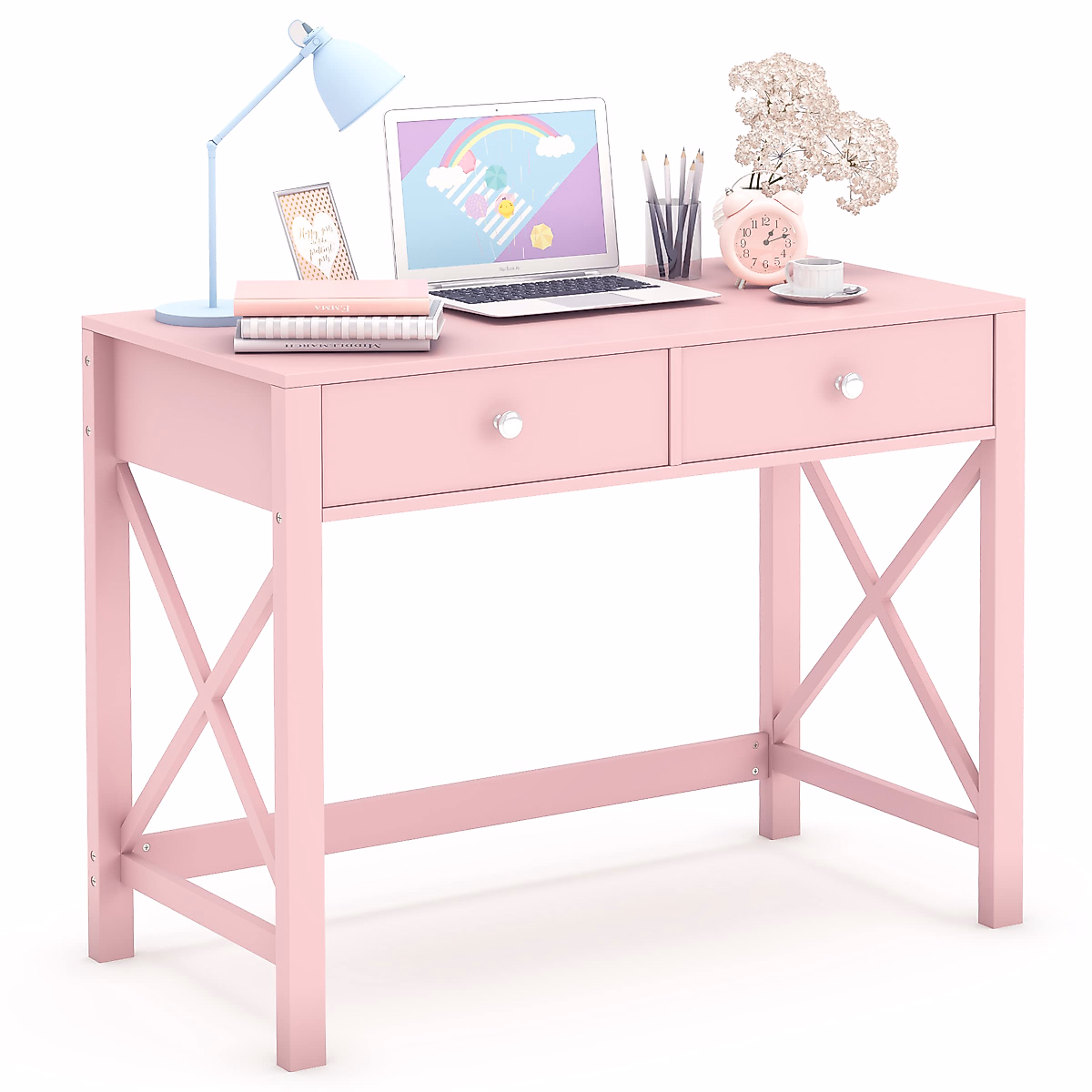 WiberWi Home Office Desk with Drawers, Modern Writing Computer Desk for Bedroom, Small Pink Makeup Vanity Table for Girls, Study Table for Home Office