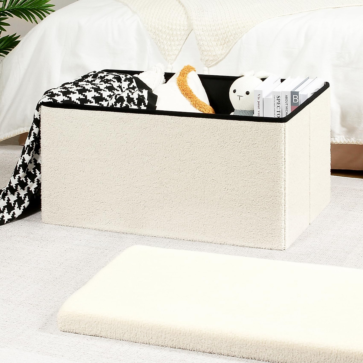 PINPLUS Folding Storage Ottoman Bench, White Upholstered Sherpa Ottoman Storage Bench, Large Storage Chest Footrest with Lids, Entryway Bench for Living Room, 31.5'' x 15.7'' x 15.7''
