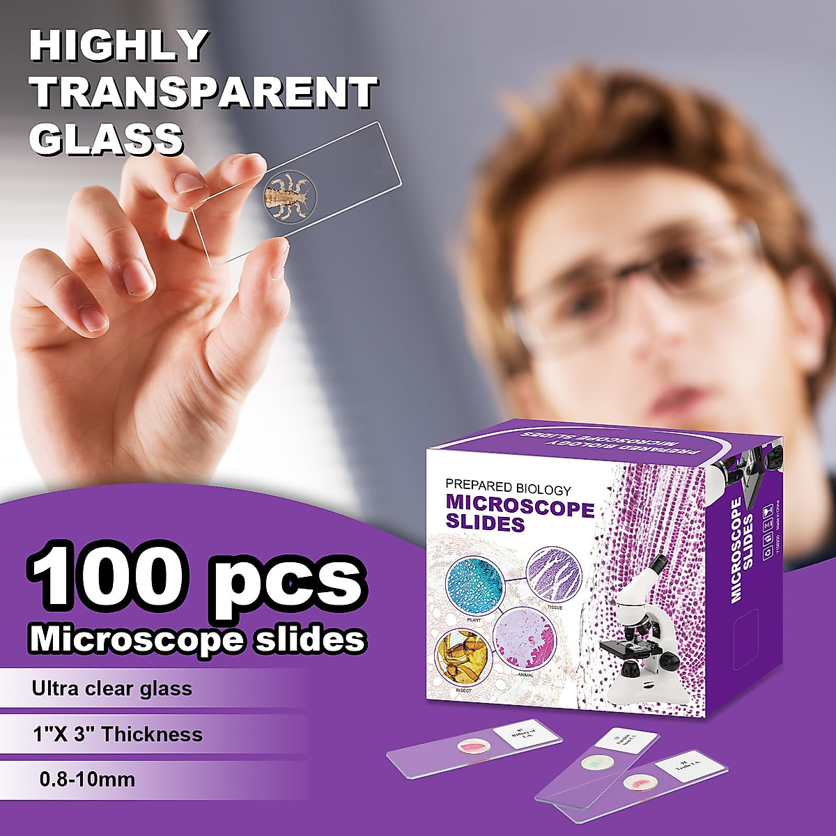 100 Pcs Microscope Slides with Specimens for Kids,Prepared Microscope Slides for Kids,Prepared Slides for Microscope,Microscope with Slides for Student Adults, Including Insect, Animal, Human Tissue