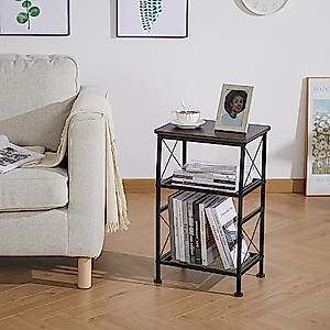 ruboka 3-Tier Small End Tables,Narrow Side Table with Steel Grid Storage Shelves,Slim Nightstand X-Design Sofa Side Table Small Bookshelf Bookcase,Display Rack for Living Room,Bedroom (Grey)