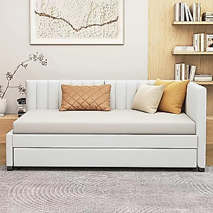 UOCFYK Full Upholstered Daybed with Trundle and Safety Fence,Sofa Bed Frame w/Put Out Sofa Bed Design for Guest Room, Bedroom,No Box Spring Needed, Beige