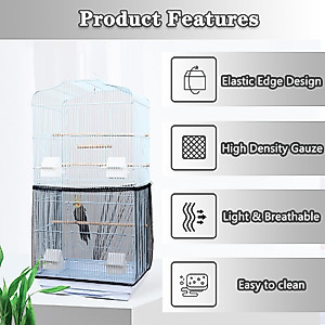 Bird Cage Seed Catcher, Bird Cage Net Cover Adjustable Bird Cage Netting Seed Catcher for Bird Cages Seed Catcher Guard Net Cover Bird Cage Skirt for Parrot Parakeet Macaw Round Square Cages - Black