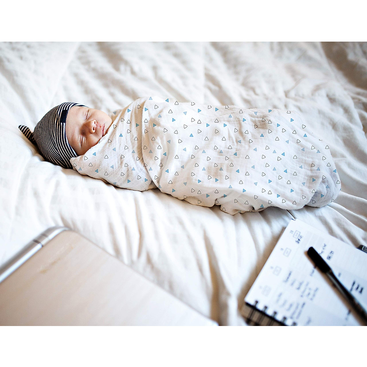 TWC Organic Muslin Swaddle Blankets for Baby | Cotton Double Layer Cloth - Super Soft, Absorbent | Large 44"x44" | Pack of 3 - Blue 3 Design