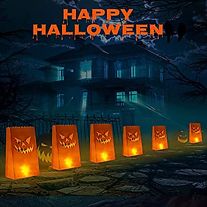 Halloween Luminary Bags Outdoor Paper Pumpkin Lantern Bags Flame Resistant Jack-o'-Lantern Bags Halloween Silhouette Luminary Candle Bags for Halloween, Party, Home Decorations (48 Pieces)