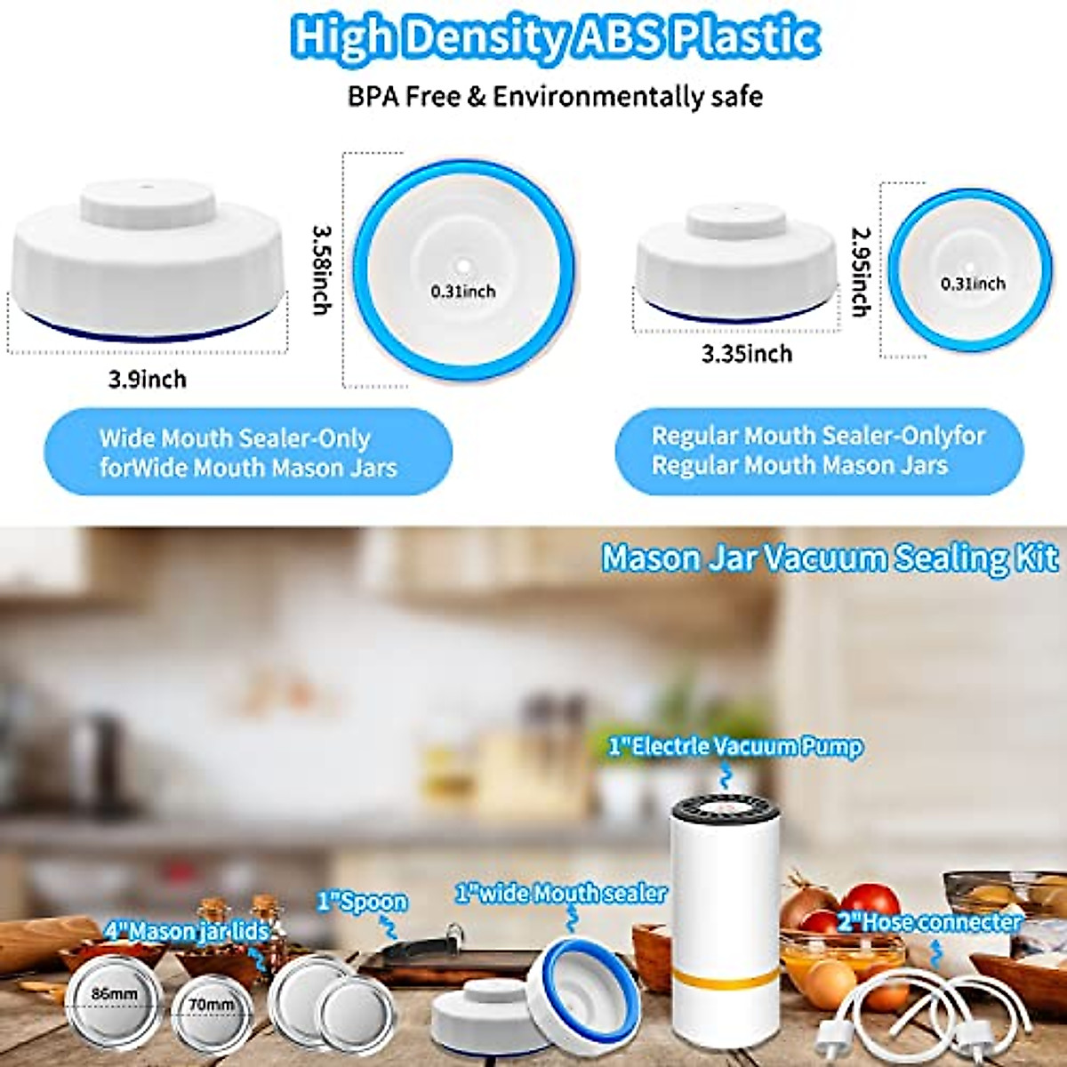 Electric Mason Jar Vacuum Sealer Kit ,Handheld Food Vacuum Sealer and Accessory Hose Set for Food Storage with Regular & Wide Mouth Mason Jars ,Kitchen Tools