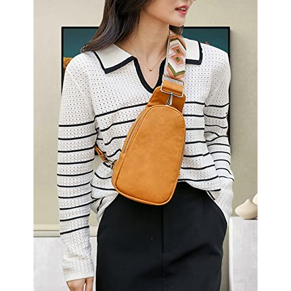 Ocahuel Women Sling Bags Crossbody Chest Bag Purse Vegan Leather Satchel Daypack Guitar Strap Boho Shoulder Backpack Traveling Hiking Yellow