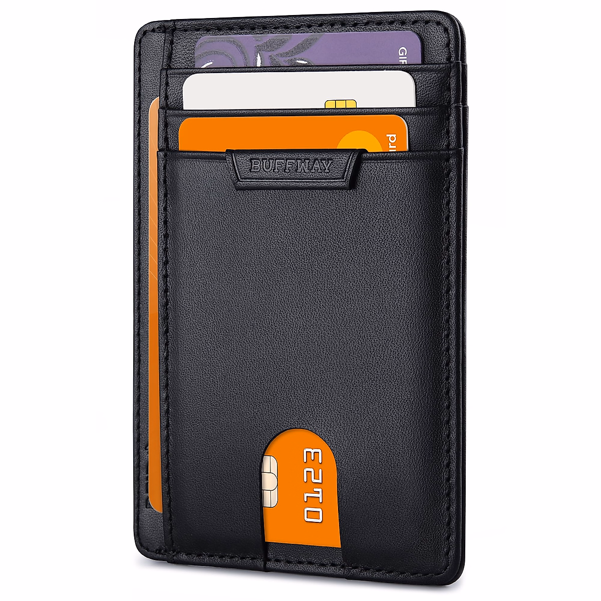 Buffway Slim Wallet for Men Women Minimalist Small Leather Front Pocket Wallets with RFID Blocking and Gifts Box - Bassa Black