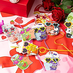 3sscha 32 Packs Valentine’s Day Cards with Crazy Straws for Kids, Sweet Drink and Cute animal Card, Reusable Plastic Loop Straw, Valentine Exchange gifts for Classroom School Party Supplies Game Prize