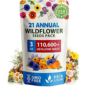 HOME GROWN 112,000+ Wildflower Seeds: Bulk Mix of 21 Varieties, Non-GMO Wild Flower Seed | Bee and Butterfly Garden Variety Pack | Annual Flowers Seeds for Planting |Native Wildflowers for Your Garden