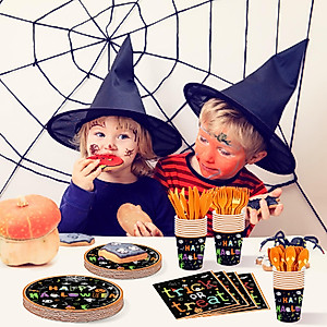 Jremreo 175 Pcs Halloween Tableware Party Supplies Set - Serves 25, Spooky Happy Halloween Disposable Dinnerware, Includes Plates, Cups, Napkins, Forks, Spoons, Knives for Trick or Treat Favors
