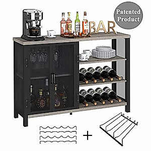 BON AUGURE Multi-Functional Coffee Bar Cabinet with Industrial 5 Tier Bookcase for Home Office (Dark Gray Oak)