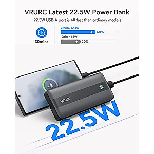 VRURC Portable Charger with Built-in Cables & AC Wall Plug, 22.5W Fast Charging 10000mAh Battery Pack(QC4.0 & PD3.0), USB C Power Bank with 4 Output 2 Input, Compatible with iPhone Samsung Android etc