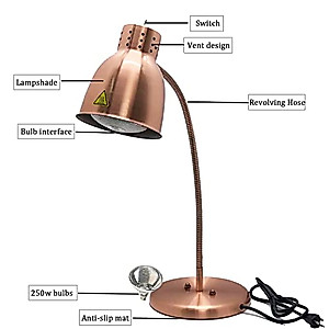 KOUWO Countertop Food Heat Lamp Infrared Food Warmer Copper Food Lamps with 250 Watt Heating Bulb