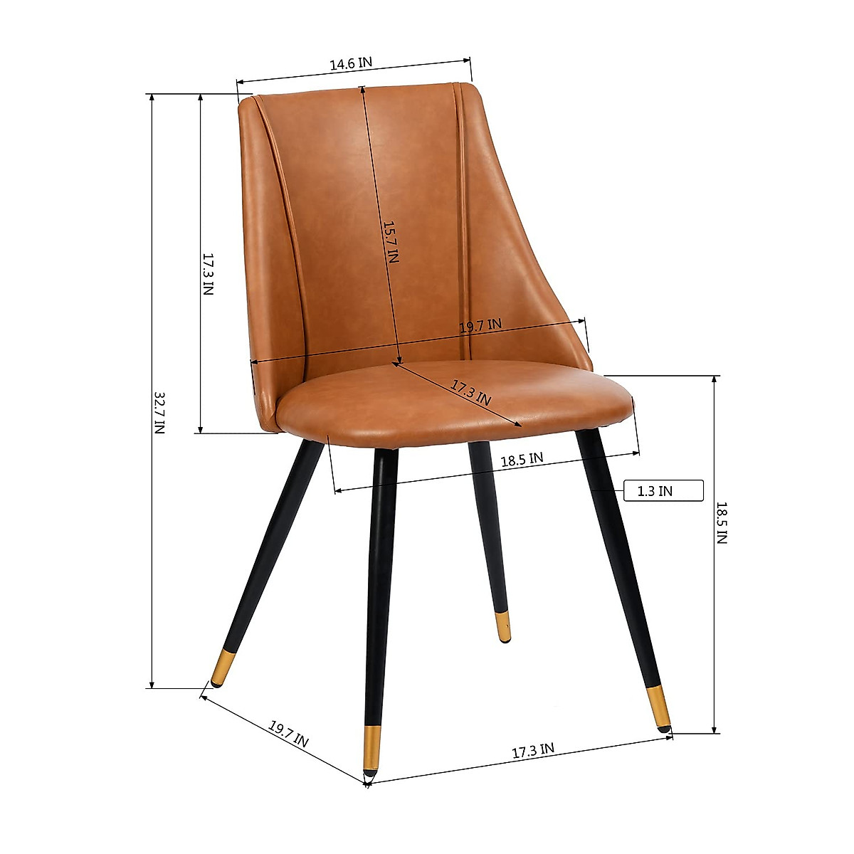 FurnitureR Modern Set of 2 Upholstered Accent Mid Century Armless Leisure Kitchen Living Room Faux Leather Desk Side Metal Black Gold Legs Dining Chair, 19.5" D x 17.7" W x 32.5" H, Cognac