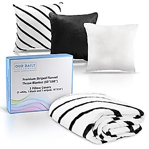 4 Piece Throw Blanket with Pillow Covers Set - Black & White Stripes Fleece Blanket with 3 Throw Pillow Covers - Soft Fluffy Cozy Flannel Blanket - Black, White and Stripe Square Pillow Covers 18x18