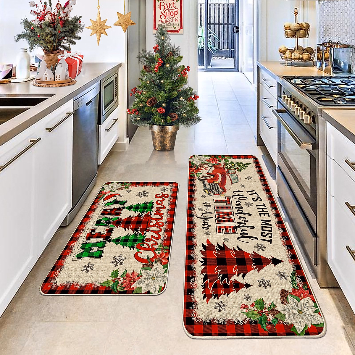 cusugbaso Christmas Kitchen Mats, Merry Christmas Kitchen Rugs Set of 2 - Red Buffalo Plaid Christmas Kitchen Decor - Truck Christmas Decorations for Bathroom,Floor,Indoor,Home 17"x27+17"x47"