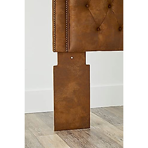 Design 59 D59 Distressed Vegan Leather Upholstered Tufted Button Queen Headboard with Brass Nailheads Queen/Full Size Headboard – Adjustable Height (Chestnut Vegan Leather)