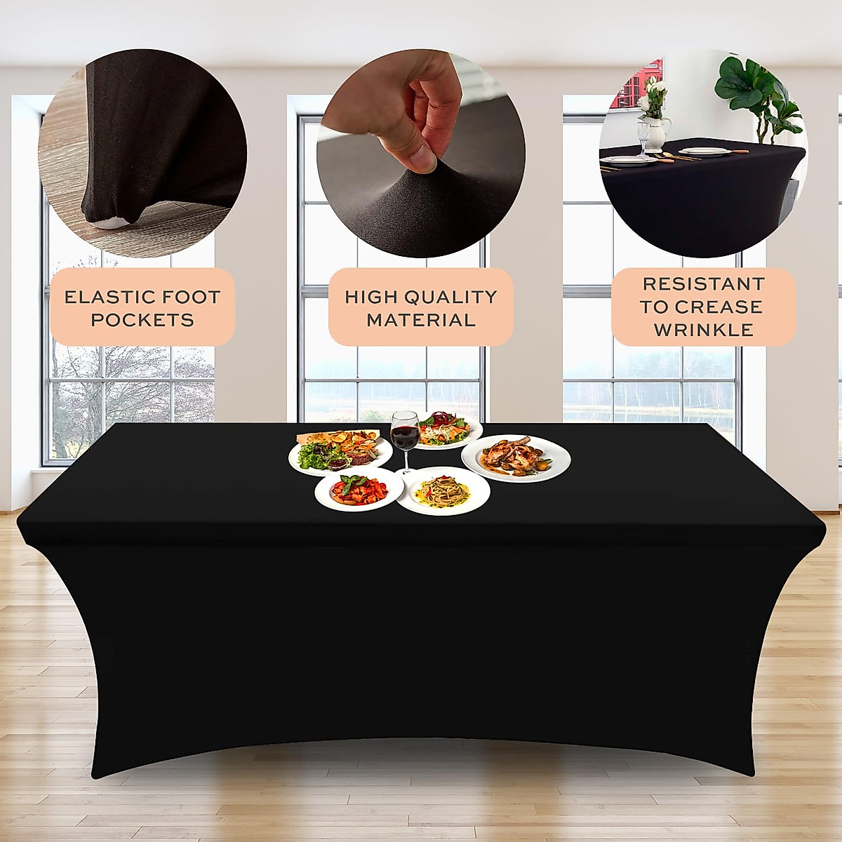 Stretch Spandex Table Covers 6FT, Pack of 2 Fitted Tablecloths for Rectangle Tables, Stretchy Wrinkle Resistant Folding Table Cover, Black