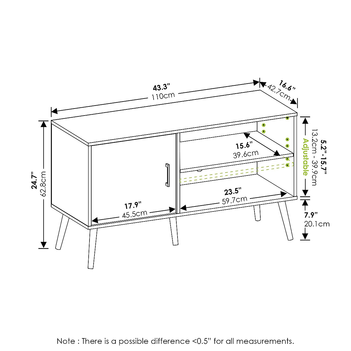 Furinno Claude Mid Century Style Stand with Wood Legs for TV up to 55 Inches, One Cabinet Two Shelves, French Oak