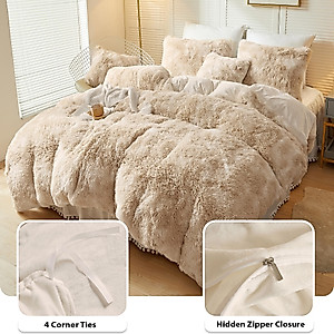 LIFEREVO Luxury Fluffy Faux Fur Duvet Cover Set, Soft Tie Dye Plush Fuzzy Duvet Cover(1 Marble Print Shaggy Comforter Cover+2 Furry Pillowcases)Bedding Set, Zipper Closure(King, Off White/Light Beige)