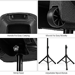 Sonart 15" 1500W Powered Speakers, 2-Way Full Range Portable PA Speaker System Combo Set With Stands/Illuminating Light/Microphone/EQ/USB/Bluetooth