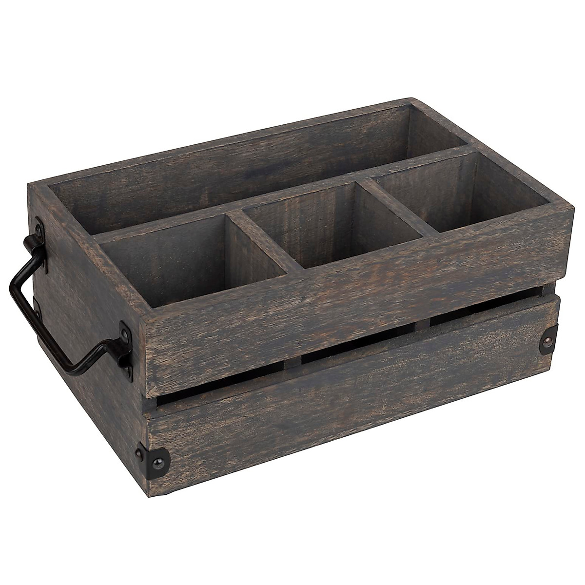 GoCraft Flatware Caddy with 4 Compartments, Cutlery Holder, Silverware Condiment Organizer with Napkin Holder for Kitchen, Dining, Picnics, Grey Washed Mango Wood Caddy with Metal Handles