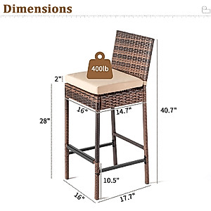 VINGLI Outdoor Bar Stools Set of 2 with Cushions Wicker Bar Stools, Bar Height Patio Chairs Outdoor Rattan Stool for Garden Pool Lawn Backyard