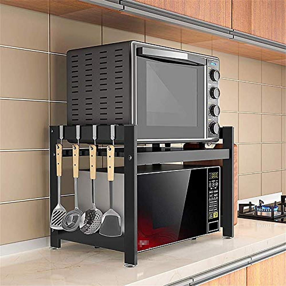 JF-XUAN Kitchen Shelf Kitchen Counter Holder 2-Tier Stainless Steel Microwave Oven Rack Multifunction Kitchen Counter Shelf (Color : Black, Size : 55X38X45CM)