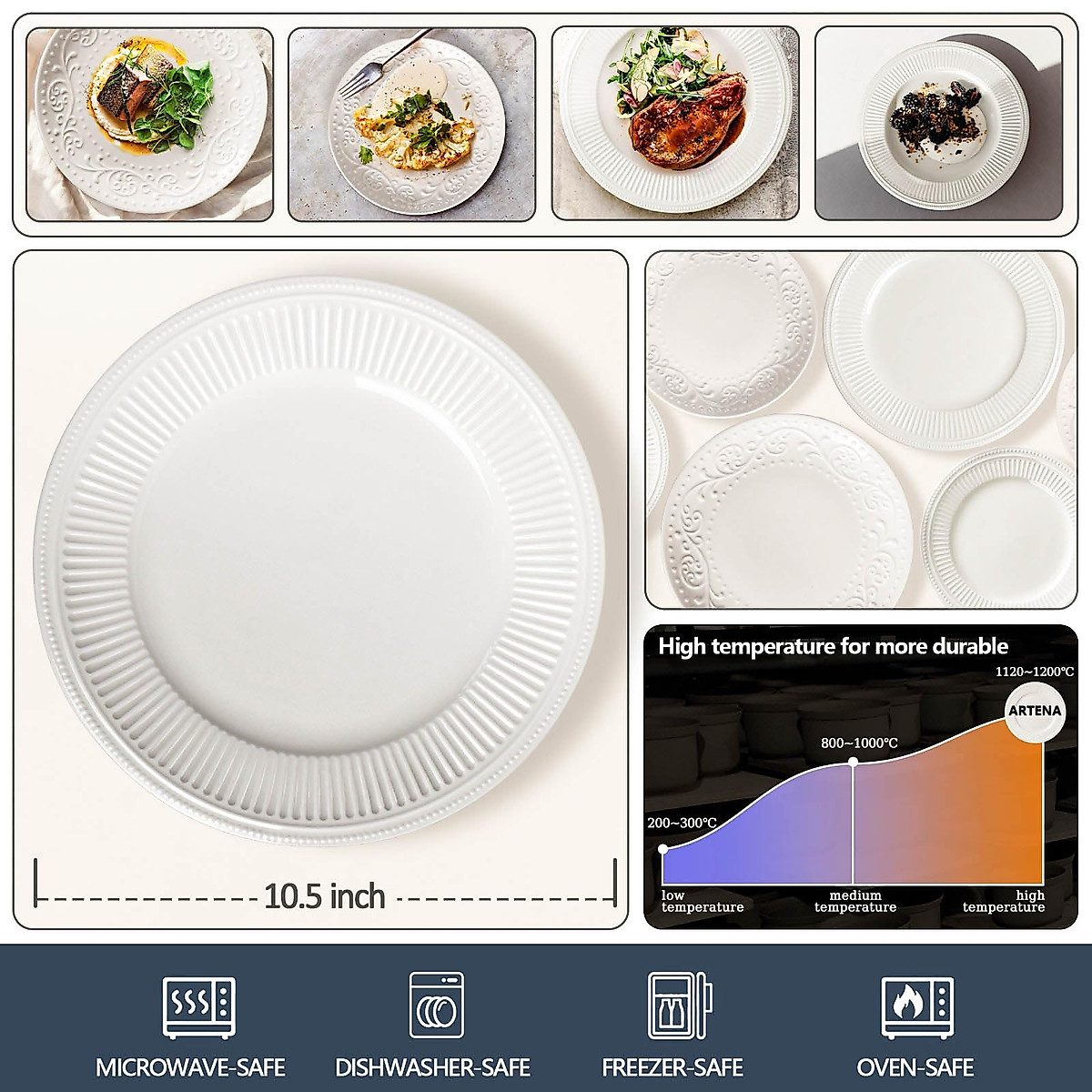 Artena Ceramic Dinner Plates Set of 4, 10.5 inch Embossed White Kitchen Plates for Salad, Dessert, Appetizer, Steak, Serving Dishes for Entertaining, Modern Large Flat Plates for Restaurant, Parties