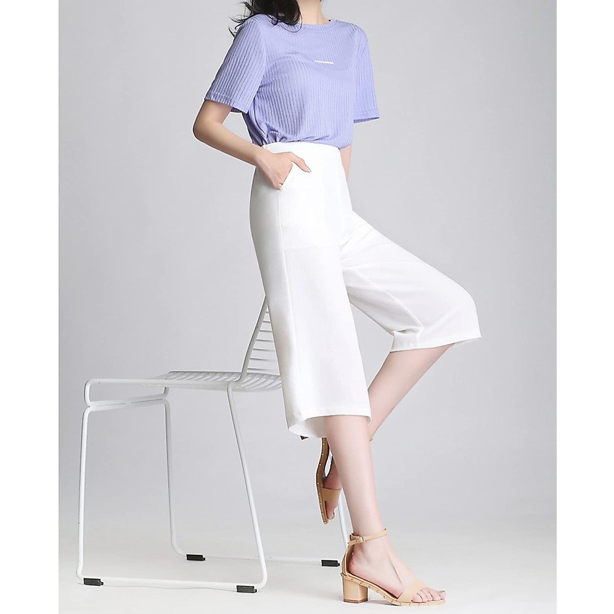 ZENTHACE Womens Capri Yoga Pants Elastic High Waist Wide Leg Workout Loose Summer Pull On Capris Pants with Pockets White M