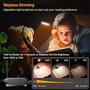 Gritin 16 LED Rechargeable Book Light for Reading in Bed- Eye Caring 3 Color Temperatures, Stepless Dimming Brightness, 80 Hrs Runtime, Lightweight Flexible Clip on Light for Book Lovers
