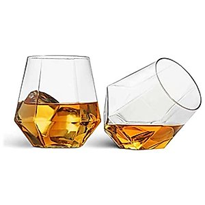 AJLS Whiskey Glasses: Whiskey glasses for men, Wine, Scotch Diamond Stemless Glasses Set of 2: 10oz; Tilt Prevents Fall, Luxury Barware