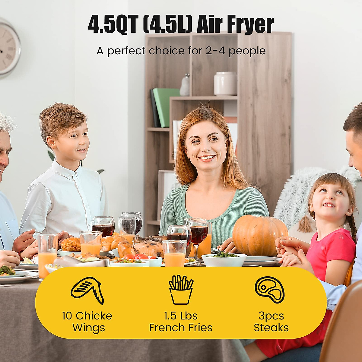 Nuwave Brio 4.5-Qt Air Fryer, 1 Touch Digital Controls, 100°-400°F Temp Controls in 5° Increments, Linear Thermal (Linear T) Technology, 3 Wattage Settings 600, 900 & 1500W, Built-In Safety Features