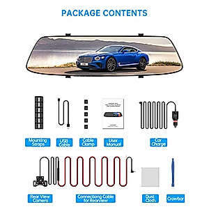 1080P Mirror Dash Cam 4.3in Touch Screen, Front and Dash Waterproof Backup Camera Rear View Camera, Parking Assistance, Loop Recording, G-Sensor, Monitor, Free 64GB Memory Card