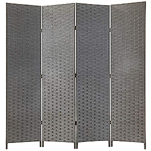 MyGift 4-Panel Room Divider - Vintage Gray Woven Seagrass Folding Private Panel Screens - Partition Wall Dividers, Room Separator, Temporary Wall Screen, 69 x 70-Inch
