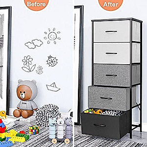 Crestlive Products Vertical Dresser Storage Tower - Sturdy Steel Frame, Wood Top, Easy Pull Fabric Bins, Wood Handles - Organizer Unit for Bedroom, Hallway, Entryway, Closets - 5 Drawers (Black&Gray)
