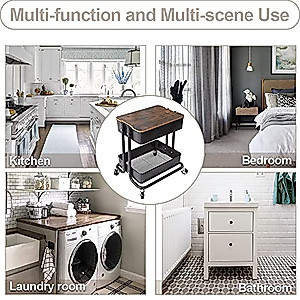 2 Tier Metal Utility Rolling Cart Storage Organizer with Cover Board, Mobile Trolley Sofa Side Table with Wheels for Office Home Kitchen Organization, Black