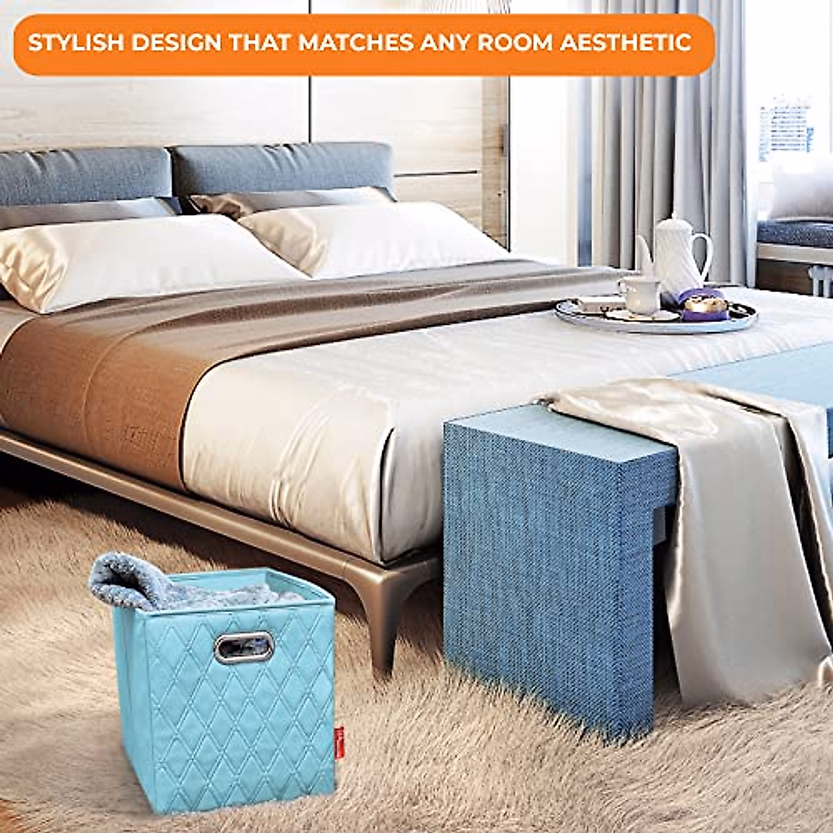 JIAessentials Small 11-inch Blue Foldable Diamond Patterned Faux Leather Storage Cube Bins Set of Four with Handles with Dual Handles for living room, bedroom and office storage