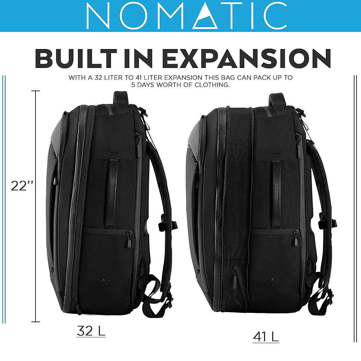 Nomatic Navigator Travel Backpack 32L W/ 9L Built-In Expansion | Anti-Theft Carry-On Size for Travel | 16" Laptop Compartment, Water Resistant Travel Pack, Weekender Bag for Men & Women, Black