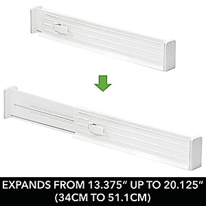 mDesign Expandable Kitchen Drawer Organizer - Adjustable Divider with Foam Ends - Secure Hold, Locks in Place - Separators for Pantry, Cupboard, Cabinet Storage, Ligne Collection, 4 Pack - White