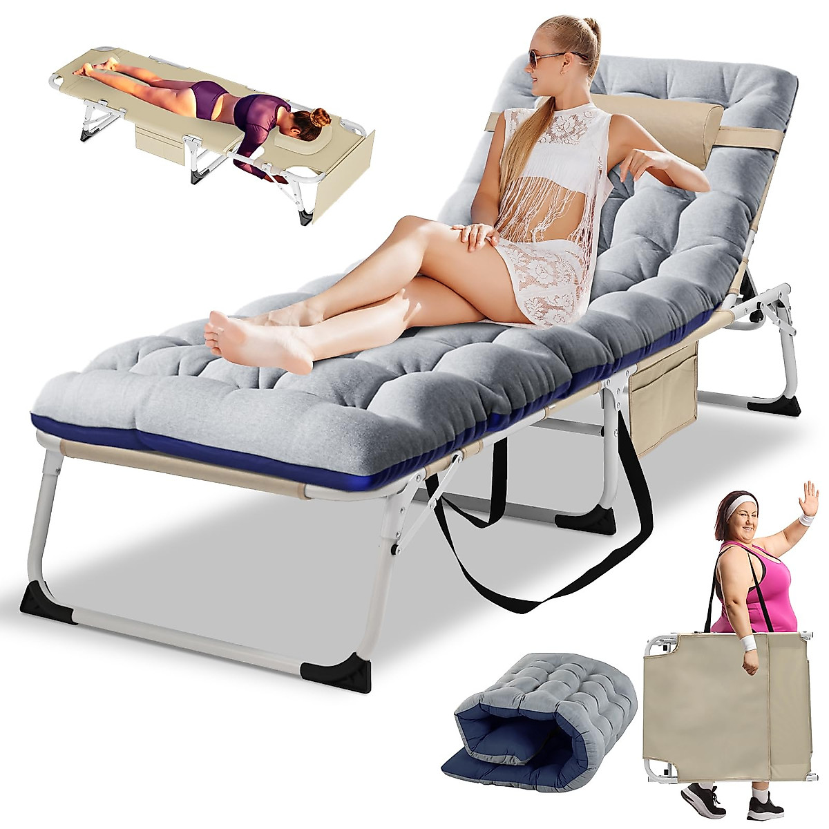LILYPELLE Tanning Chair with Face Hole, Heavy Duty Outside Lounge Chair with Mattress, Folding Outdoor Face Down Tanning Chair Arm Hole for Beach Poolside Patio Sunbathing Lawn Camping