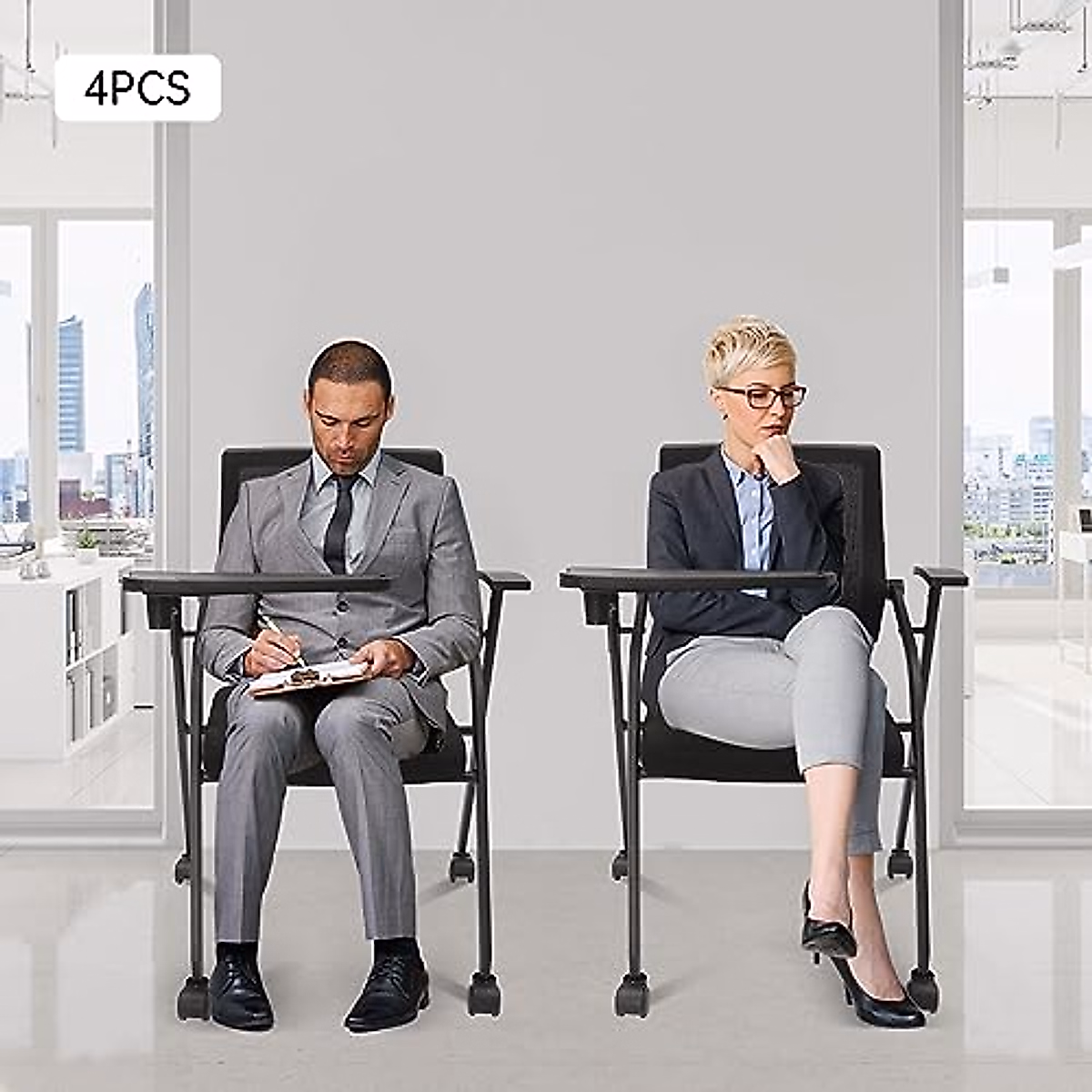 Tablet Arm Chair with Caster Wheels, Ergonomic Breathable Mesh Guest Nesting Stacking for Office School, Classroom, Training Conference, Waiting Room Black (with Desktop - 4pcs)