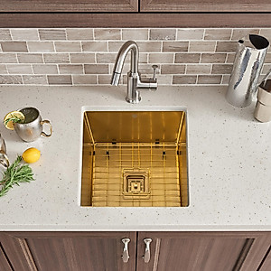 Strictly Sinks Undermount Bar Prep Sink – 18 Inch 16 Gauge Embossed Leather Texture Gold Wet Bar Prep Kitchen Sink with Bottom Grid and 1 Square Strainer Drain