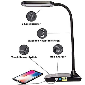 TW Lighting LED Desk Lamp with USB charging Port, 3-Way Touch Switch,IVY-40WT, Black