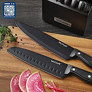 McCook Knife Set with Built-in Sharpener Block, MC701 Kitchen Knife Set with Block, 26 Pcs High Carbon Stainless Steel Kitchen Knife Sets with Block Self Sharpening, Black