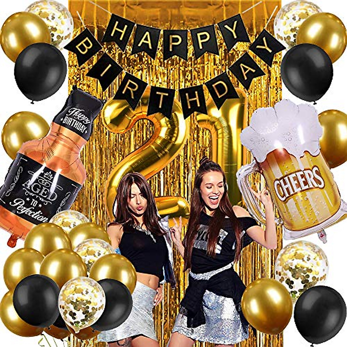 21st Birthday Decorations for Women Men, Happy Birthday Decorations for Boys Girls 21st Birthday Party - 21st Birthday Decorations Black and Gold for Her Him 21 Birthday Party Supplies