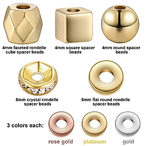 3630 Pieces Assorted Spacer Beads Faceted Rondelle Cube Square Column Beads Crystal Round Charms for Jewelry Making DIY Loose Beads, 5 Styles (Platinum, Gold, Rose Gold)