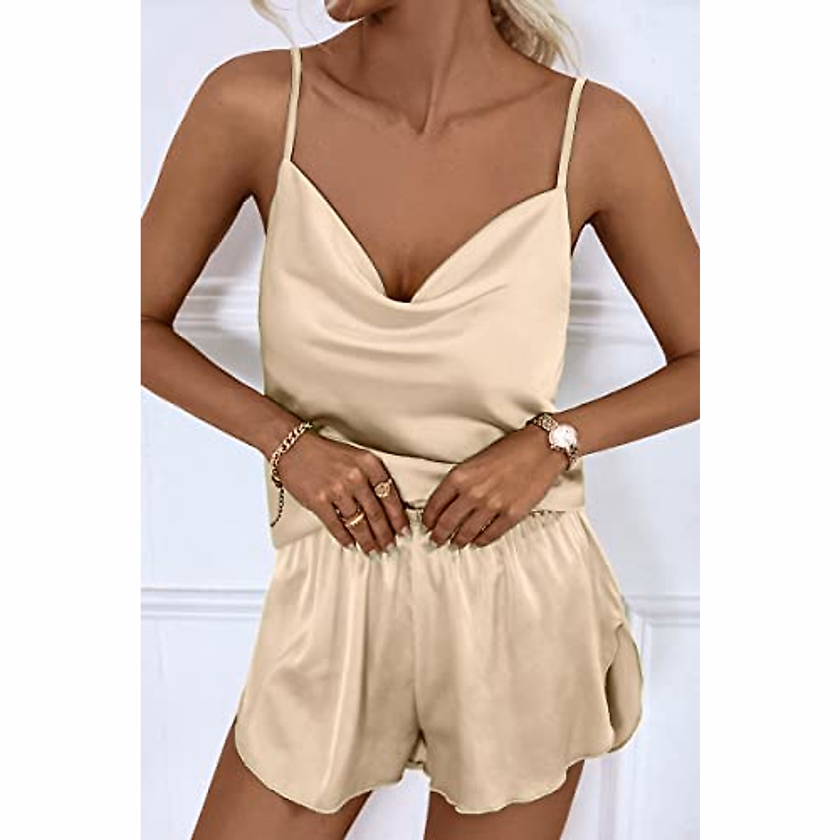 CHYRII Satin Pajamas for Women Sexy Silk Cowl Neck Cami Shorts PJ Sets Lingerie Nightwear Ivory L