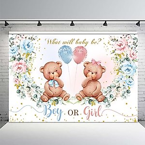MEHOFOND 8x6ft Bear Gender Reveal Baby Shower Party Backdrop Boy or Girl Blush Pink Blue Floral Photography Background Party Decor Blue and Pink Balloons Gold Confetti Photobooth